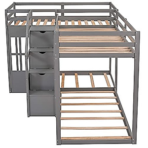 Merax Twin Over Twin L-Shaped Bunk Bed with Built-in Middle Staircase, Twin Size Wooden Bunk Bed for Teen, Grey