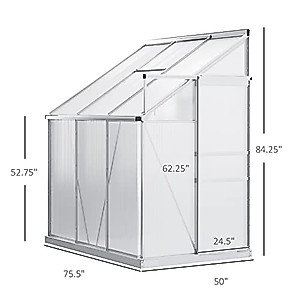 Outsunny 6' x 4' Aluminum Lean-to Greenhouse Polycarbonate Walk-in Garden Greenhouse with Adjustable Roof Vent, Rain Gutter and Sliding Door for Winter, Clear
