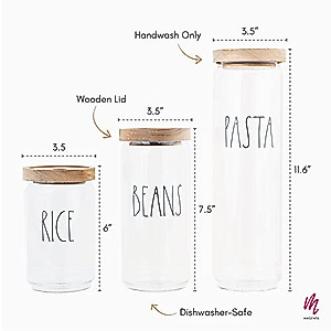 Rae Dunn Clear Glass Rice, Pasta, and Bean Jars, Large Kitchen Storage Jars with Airtight Lids, Set of 3
