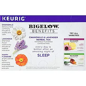 Bigelow Tea Benefits, Sleep Chamomile and Lavender Herbal Tea Keurig K-Cup Pods, Box of 10, Caffeine Free