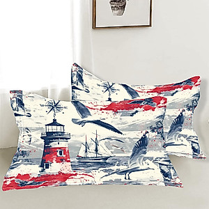 Nautical Dreams Duvet Cover Queen Size 3D Printed Duvet Cover Set Lighthouse Sailboat Seagull Voyage Exploration Bedding Set Home Decoration Comforter Cover Cozy Quilt Cover with 2 Pillowcases