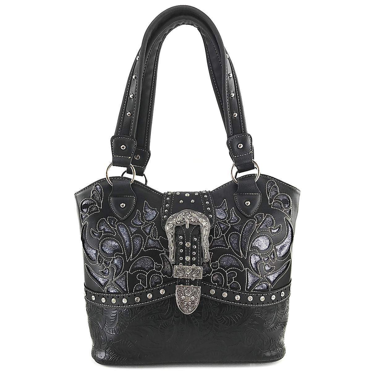 Justin West Western Brown Purse Tooled Laser Cut Floral Design Studs Rhinestone Buckle Concealed Carry Handbag With Trifold Wristlet Cross Body Strap Wallet Set (Black Tote)