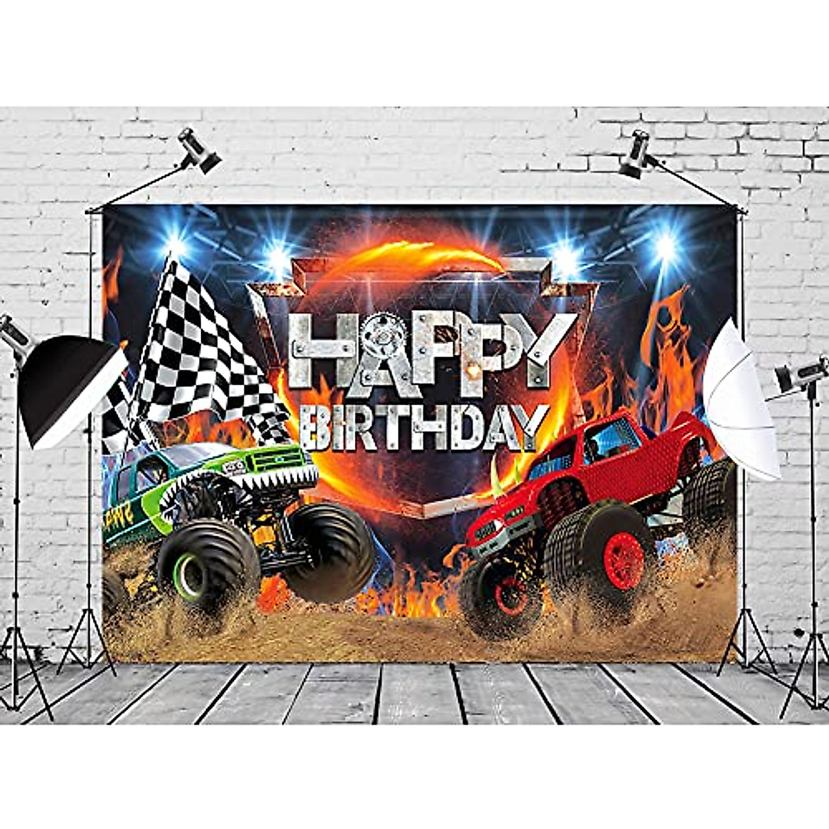 SVBright Truck Backdrop 7Wx5H Monster Baby Boys Kids Happy Birthday Party Racing Speed Checkered Grave Digger Cars Photography Background Banner Photo Booth Studio Polyester Fabric