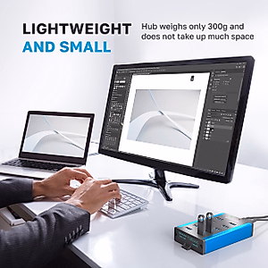 USB 3.0 Powered Hub - Multi-safety 10-Port Hub 3.0 with Adapter - Aluminum USB Splitter with Mounting Brackets - Extra USB Ports for Laptops & PC