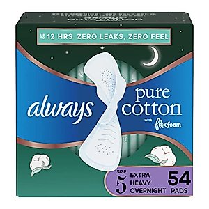 Always Pure Cotton, Feminine Pads For Women, Size 5 Extra Heavy Overnight Absorbency, Multipack, With Flexfoam, With Wings, Unscented, 18 Count x 3 Packs (54 Count total)