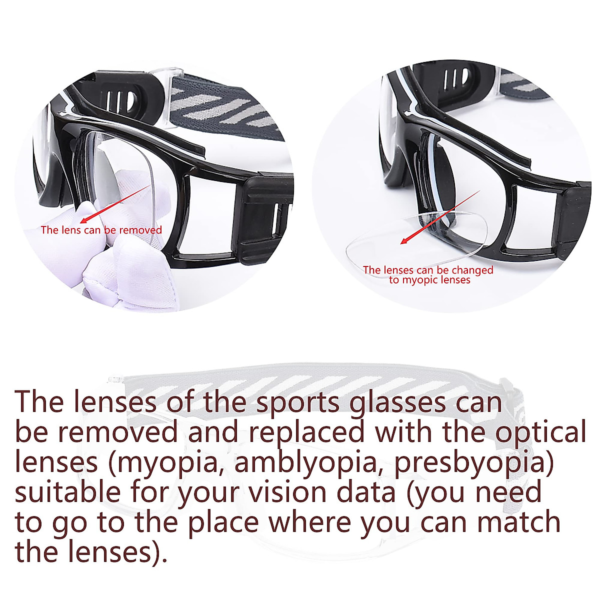 SooGree Sports Goggles Glasses -Basketball Soccer Football Sports Protective Eyewear Goggles Eye Safety Glasses Frame Removable PC Lens with Adjustable Goggles Strap (8107 gray frame white pad)