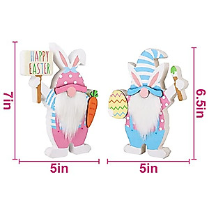 Treory Easter Decorations for The Home, 2 pcs Easter Bunny Shape Gnome Freestanding Wooden Table Centerpiece Signs Easter Gnomes for Tabletop Home Tiered Tray Decor Farmhouse for Easter Gifts