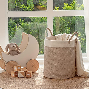 LA JOLIE MUSE Woven Basket Rope Storage Baskets - Tall Cotton Basket 16 x 14 x 14 Inches, Laundry Basket for Blanket, Kids Toy, Nursery Clothes Hamper Basket