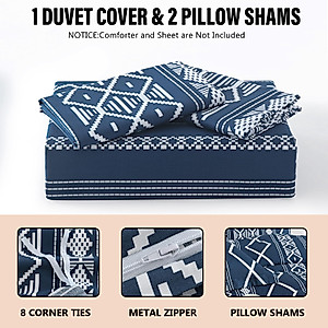 DUOMING Boho Duvet Cover King - 100% Cotton Navy Duvet Cover Set, Navy Blue King Duvet Cover with Zipper Closure & 8 Ties, 3 Piece Bohemian Duvet Cover King Set