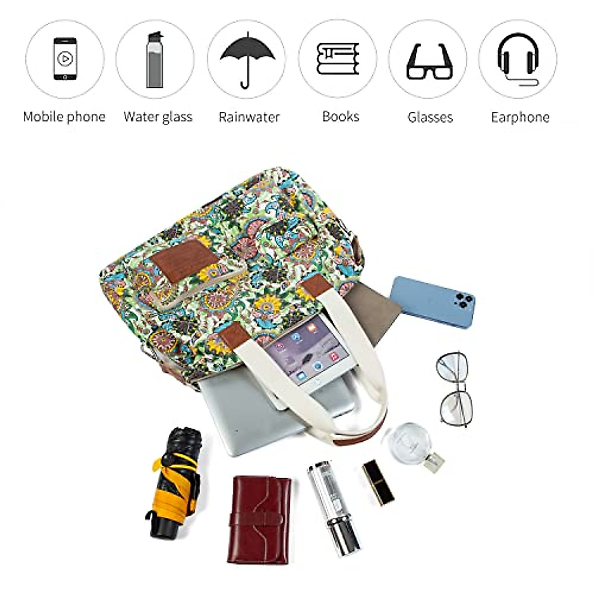 Malirona Canvas Shoulder Bag Travel Handbag Women Top Handle Satchel Crossbody Purse Floral Design