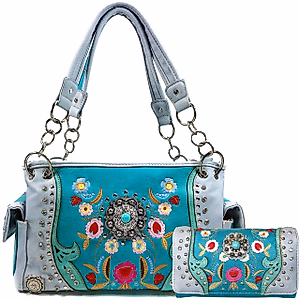 Embroidered Floral Laser Cut Turquoise Rhinestone Concho Concealed Carry Shoulder Handbag Wallet Set (Turquoise)