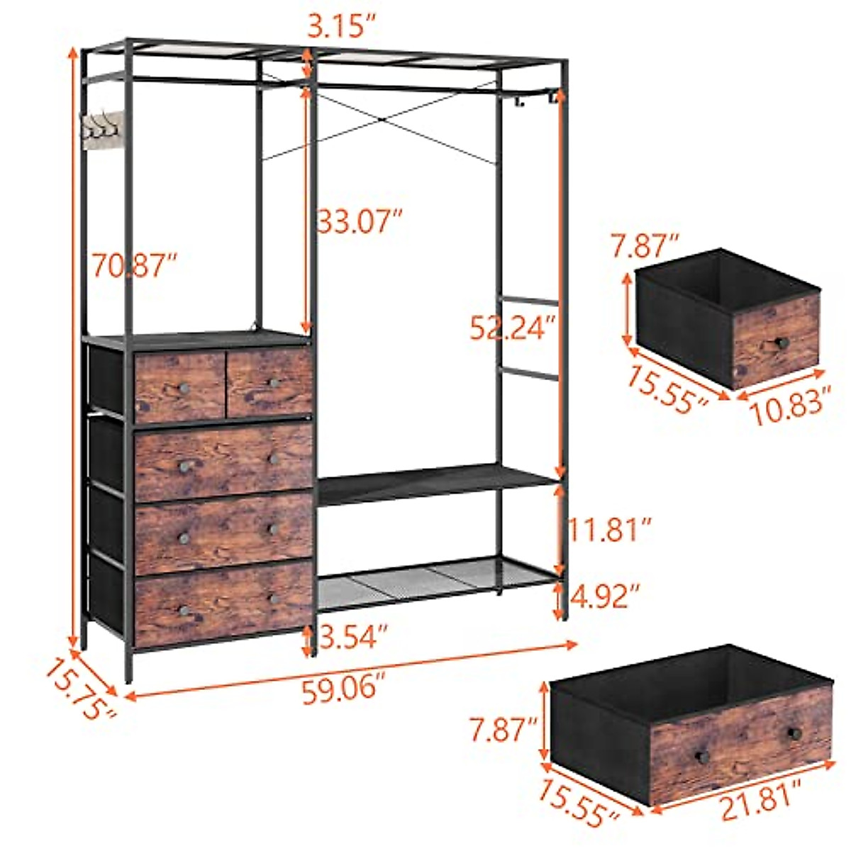 Auromie Clothes Rack with 5 Drawers & 4 Storage Shelves, 59.1W*70.9H Heavy Duty Clothing Rack with 2 Hanging Rods, Wardrobe Closet Organizer System with 5 Hooks, Freestanding Garment Rack (Rustic)