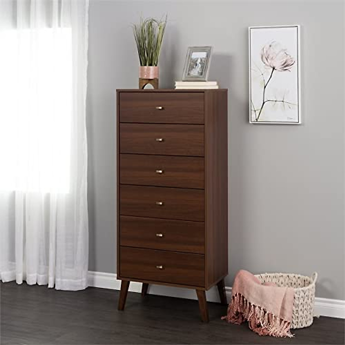 Prepac Milo Mid-Century 6 Drawer Tall Dresser Chest For Bedroom, Dresser, 16" D x 25" W x 56.25" H, Cherry
