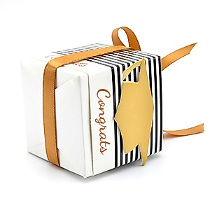 JANOU Graduation Gift Paper Candy Boxes DIY Congrats Cap Stripes Cardboard Sweet Boxes with Ribbons for Graduation Ceremony Party Favors Pack 24pcs