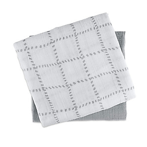 Muslin Swaddle Blankets 2-Pack 100% Muslin Cotton Swaddle Receiving Wrap Blankets (47 X 47 inches) Gift for Baby Boy (Grey Grid Lines & Solid Grey) (Grey)