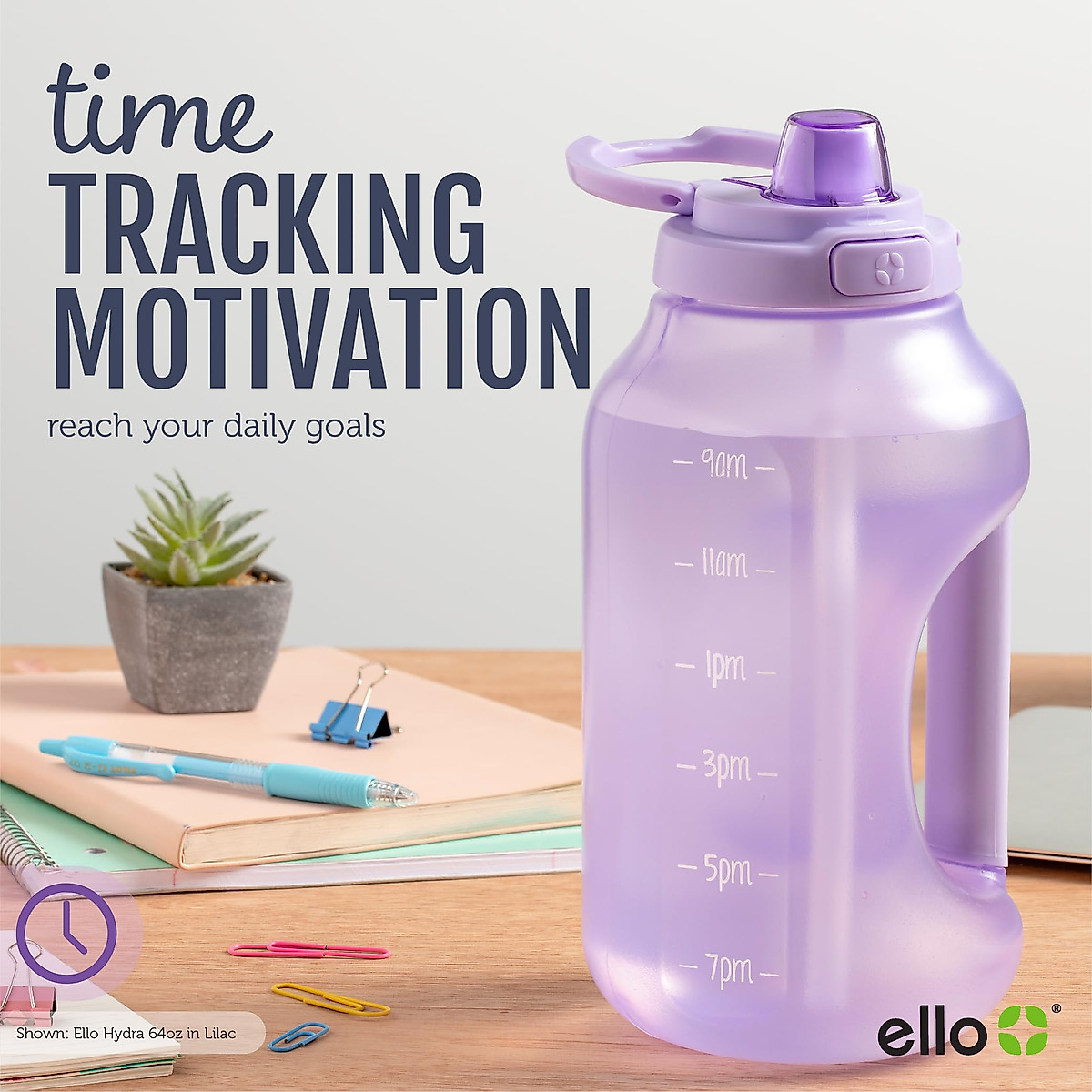 Ello Hydra Half Gallon Jug with Time Marker & Handle for All Day Hydration & Silicone Straw with Locking, Leak Proof Lid BPA Free, Yucca, 64oz