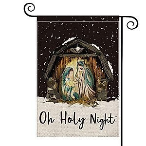 AVOIN Oh Holy Night Garden Flag Vertical Double Sided, Christmas Winter Holiday Log Cabin Christian Yard Outdoor Decoration 12.5 x 18 Inch