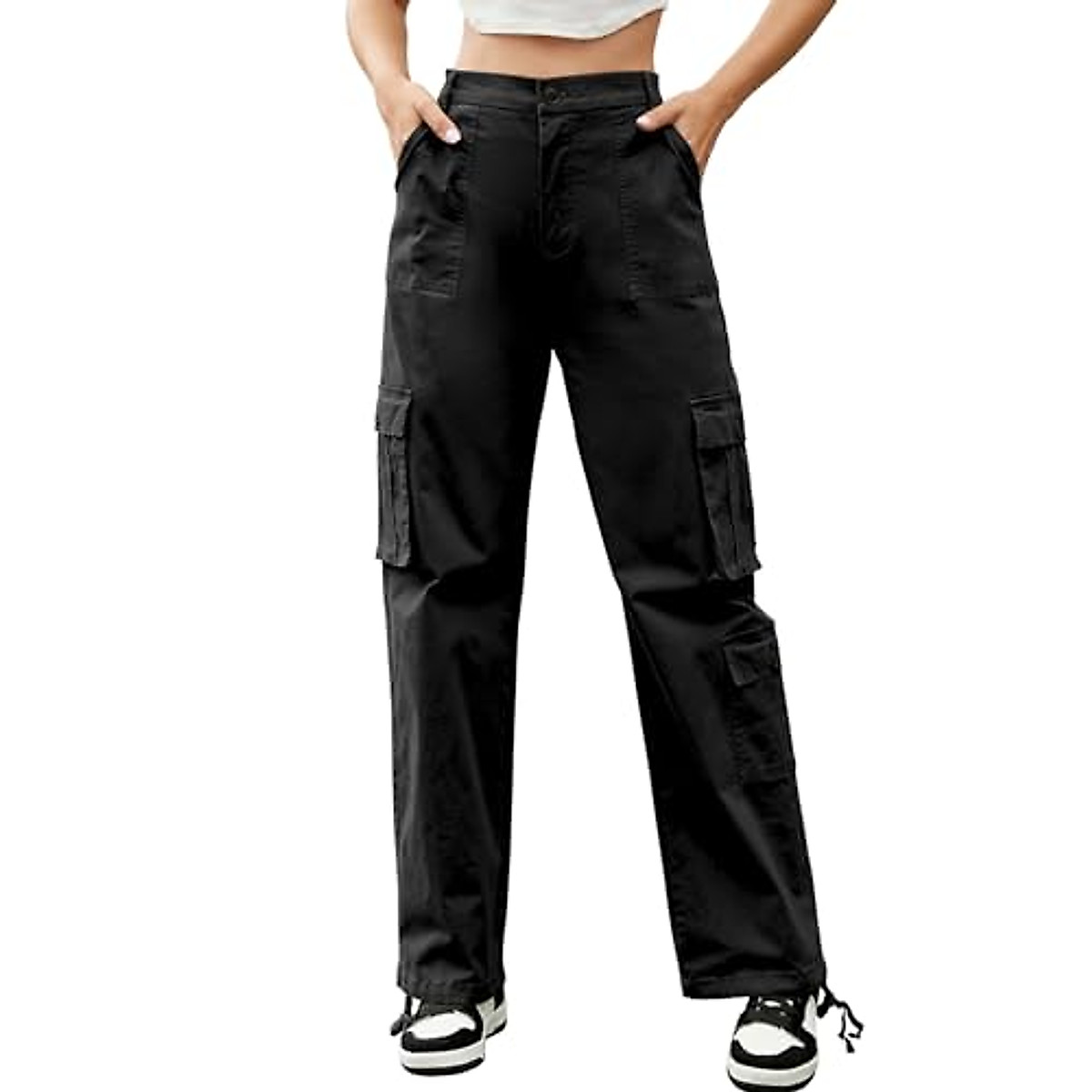 MOYEE Cargo Pants for Women High Waisted and Wide Leg Casual Y2K Pants Baggy Trousers with 7 Pockets(Black, Large)