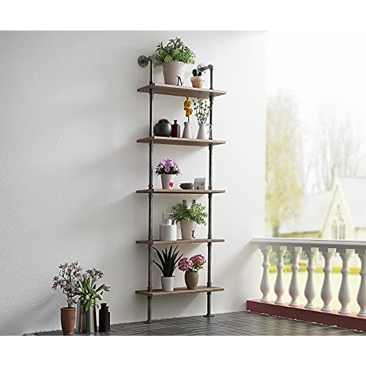MCleanPin Industrial Shelves Ladder Bookshelves 73in Height 5 Tier Wall Mounted Bookcase, Display Storage Rack Plant Flower Stand Rustic Wood Shelves for Home Office, Bedroom, Kitchen,Living Room