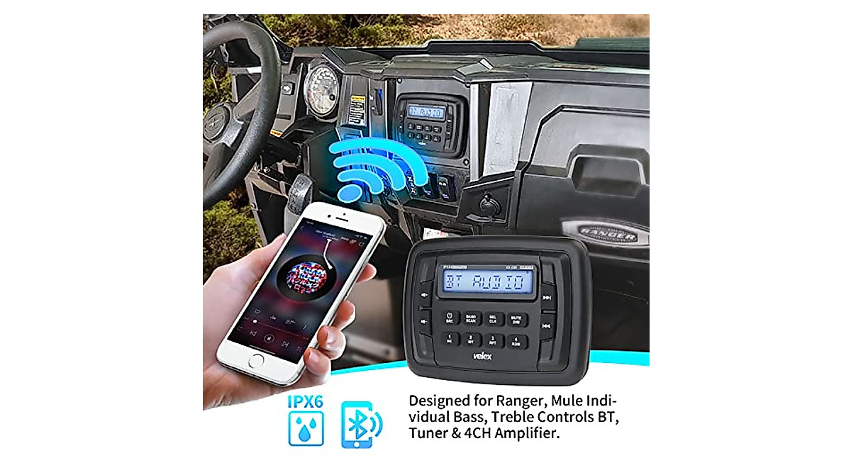 Velex Marine Stereo: Bluetooth, AM/FM Tuner for UTV & ATV