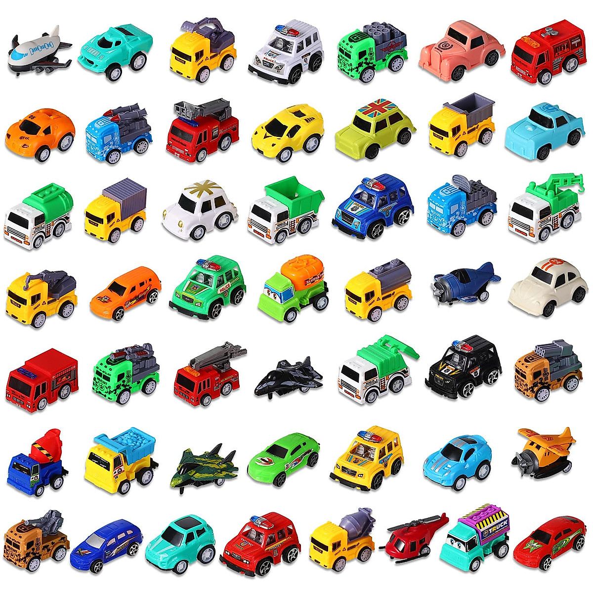 Sratte 50 Pcs Pull Back Cars and Trucks Toy Bulk City Cars Plane Vehicles Model Car Construction Toy Pull Back Digger for Boys and Girls' Education, Party Favor Bulk Cake Decorations Birthday Gift