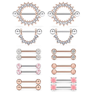 Lcolyoli 16PCS 16G Glow in the Dark Nipple Rings Surgical Steel Dangle Nipplerings Tongue Barbell Body Piercing Jewelry for Women Men Rose Gold