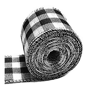 Christmas Plaid Wired Ribbons Gingham Burlap Ribbon，White and Black Wrapping Ribbon Plaid Ribbon for Christmas Decoration Crafts Making