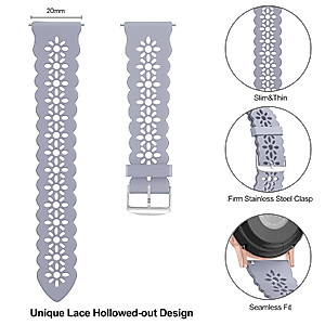 Lace Silicone Band 20mm Compatible for Samsung Galaxy Watch 4/5/6/Active Band 40MM 44MM,Galaxy Watch 4/6 Classic 46MM 42MM 43MM 47MM/Watch 5 Pro/Watch 3 41mm, Soft Silicone Strap for Women (Lavender Grey)