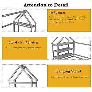 LostCat Twin House Shaped Floor Bed with 2 Detachable Storage Shelves, House Shaped Twin Bed Frame with Roof, Wood Montessori Floor Bed with Clothes Drying Rack, Floor Bed Frame for Kids, Grey