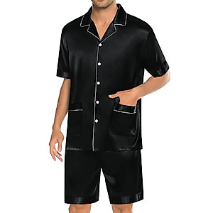 SWOMOG Mens Silk Pajama Set 2 Pieces Short Sleeve Soft Satin Sleepwear Button Down Pj Black Medium