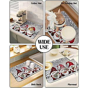 Red Gnomes Dish Drying Mat for Kitchen Counter, Super Absorbent Quick Dry Coffee Bar Mat Pad Thin Diatomaceous Sink Mat Non Slip Dish Drainer Mat 16''x24'' Christmas Winter Fantasy Snowflake