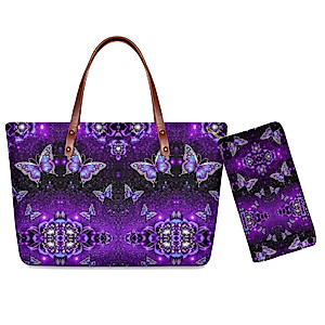 WELLFLYHOM Butterfly Wallet and Purse Set for Women Floral Galaxy Purple Handbags and Purses Ladies Summer Tote Hand Bags Medium Top Handle Bag Satchel