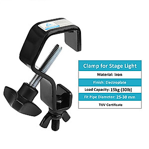 6 Pack Black Truss Clamps Stage Light Hook, Heavy Duty Iron C Clamp Fits Pipe OD 1-1⅛ inches (25-30 mm), Max Load 30 lb, for DJ Par Lighting Spot Lights Moving Head, TUV