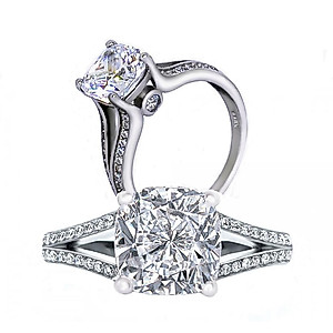 101 Facets 2 Carats Realistic Princess Cushion Cut NSCD Simulated Diamond Solitaire Split Shank Ring 925 Silver Platinum Plated RSPLIT90