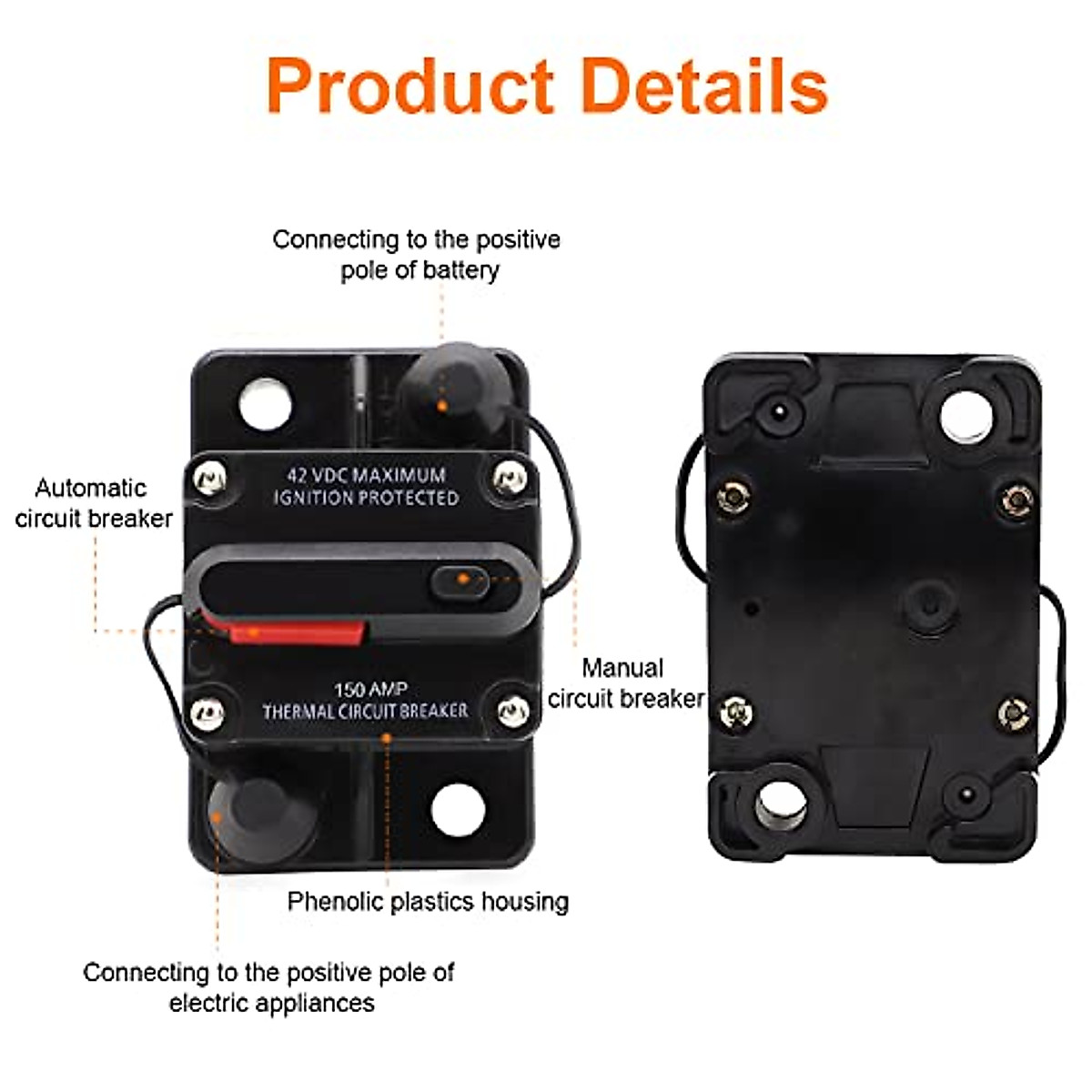 Motoparty 150 Amp Circuit Breaker Switches with Manual Reset Fuse Inverter for Car Marine Trolling Motors Boat ATV DC 12V -42V Waterproof Current Overload Protection(150 A)