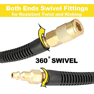 YOTOO Reinforced Polyurethane Air Hose 1/4" Inner Diameter by 100' Long, Flexible, Heavy Duty Air Compressor Hose with Bend Restrictor, 1/4" Swivel Industrial Quick Coupler and Plug, Yellow