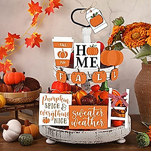 Two Tiered Tray with 11 Pcs Wooden Signs, Farmhouse Tiered Tray Decor Set Rustic Wood Home Kitchen Table Stand Decor Decorative Table Shelf Centerpiece(Autumn Style)