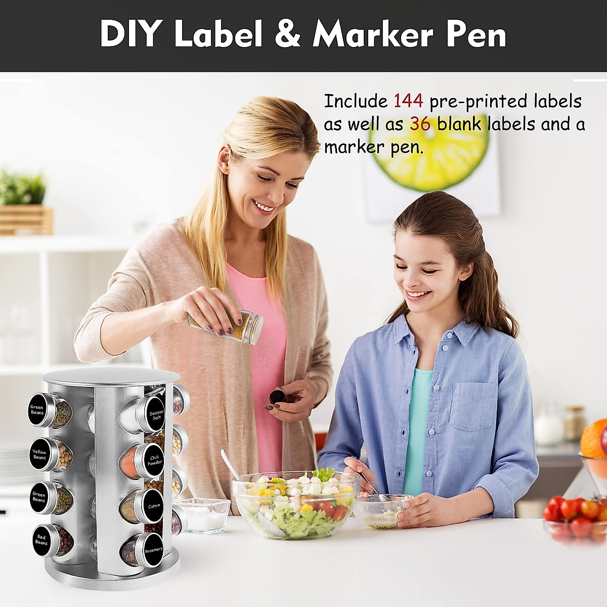 Rotating Spice Rack with 16 Jars, Revolving Spice Rack Organizer for Cabinet, Seasoning Organizer Stainless Steel Kitchen Spice Tower with Labels for Countertop