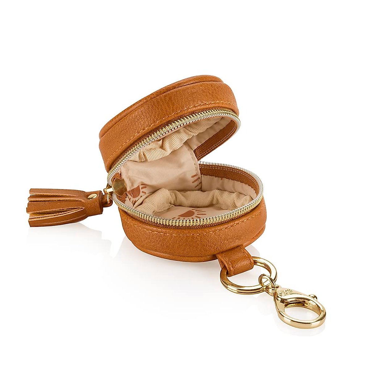 Itzy Ritzy Pacifier Holder Case with Clip - Pacifier Case Includes Clasp to Easily Attach to a Diaper Bag or Purse, Measures 2.5" in Diameter and Holds 2 Pacifiers (Cognac)