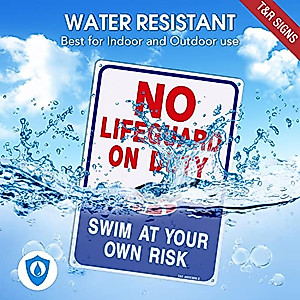 T&R No Lifeguard On Duty Sign, Swim At Your Own Risk, Pool Sign,2 Pack,14"x10" .040 Rust Free Heavy Aluminum, Reflective, Waterproof, 4 pre-drilled holes, Easy to Mount