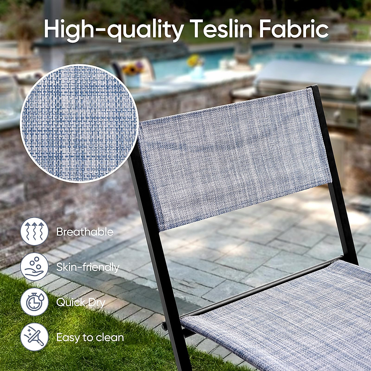 Outdoor Patio Bar Stools Set of 2, Folding Counter Height Stool with Footrest and Heavy-duty Metal Frame, Outdoor Bar Chairs with Breathable Textilene Fabric, Patio Bar Sets for Balcony, Poolside