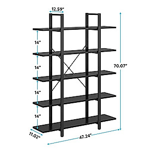 Tribesigns 5-Tier Bookshelf, Vintage Industrial Style Bookcase 72 H x 12 W x 47L Inches, Black