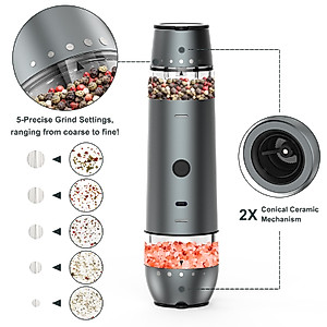 Electric Salt and Pepper Grinder 2 In 1 Duel Heads Grinding, Type-C Rechargeable, One Button Operation & Gravity, Automatic Salt Pepper Mills with Ceramic Grinding Teeth, 5-Precise Grind Settings