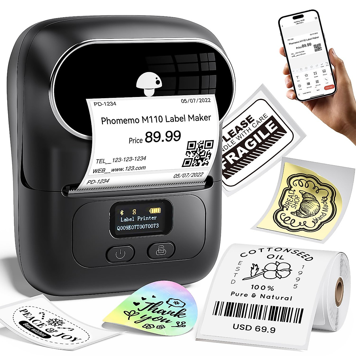 Phomemo M110 Portable Wireless Thermal Label Printer, Bluetooth Label Maker Machine for iOS & Android, Address Label Printer Machine for Barcode, Retail, Home, Office, with 1 Roll 40x30mm Label
