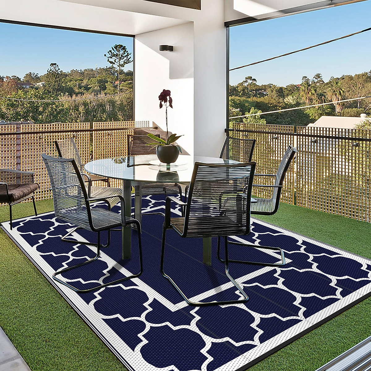 GENIMO 6' x 9' Outdoor Rug Waterproof for Patio Decor, Foldable Reversible Plastic Straw Area Rugs Mat for Camper, Outside Carpet for Rv, Deck, Porch, Picnic, Beach, Balcony, Blue & White