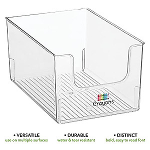 mDesign Plastic Slim Open Front Toy Storage Organizer Bin for Playroom, Nursery, Kids Closets; Holds Action Figures, Crayons, Building Blocks, Puzzles - Ligne Collection - 2 Pack + 24 Labels - Clear