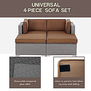 Oakmont 5 Pieces Patio Furniture Sectional Set Outdoor All-Weather PE Rattan Wicker Lawn Conversation Sets Cushioned Garden Sofa Set with Glass Coffee Table(Brown)