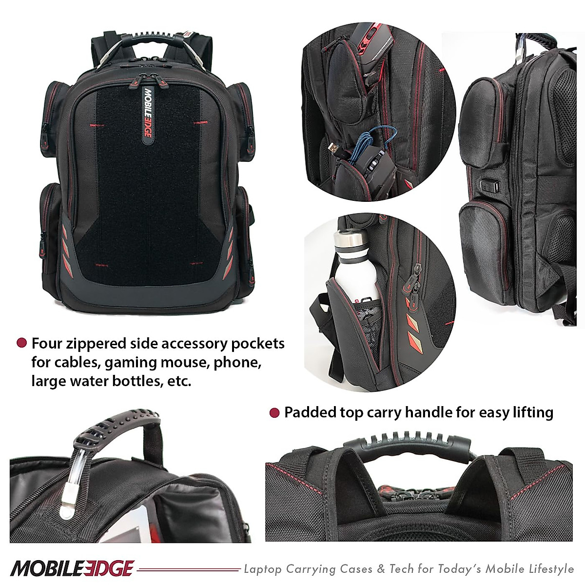 Core Gaming Laptop Backpack From Mobile Edge Core Gaming, 17.3 Inch, External USB 3.0 Quick-Charge Port w/Built-in Charging Cable, Patch Panel - Black w/Red Trim - MECGBPV1