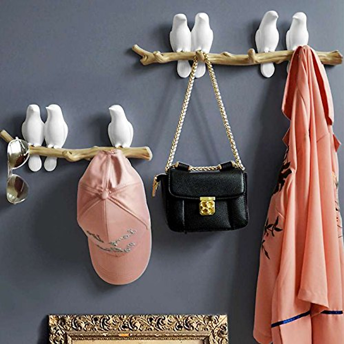 WINGOFFLY® Decorative Birds On Tree Branch Wall Mounted Coat Hanger for Coats/Hats/Keys/Towels(Three Birds)