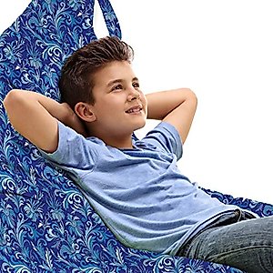 Lunarable Navy Blue Lounger Chair Bag, Oriental Pastel Floral Hand Drawn Ornate Flower Pattern Eastern Graphic Design, High Capacity Storage with Handle Container, Lounger Size, Navy Blue
